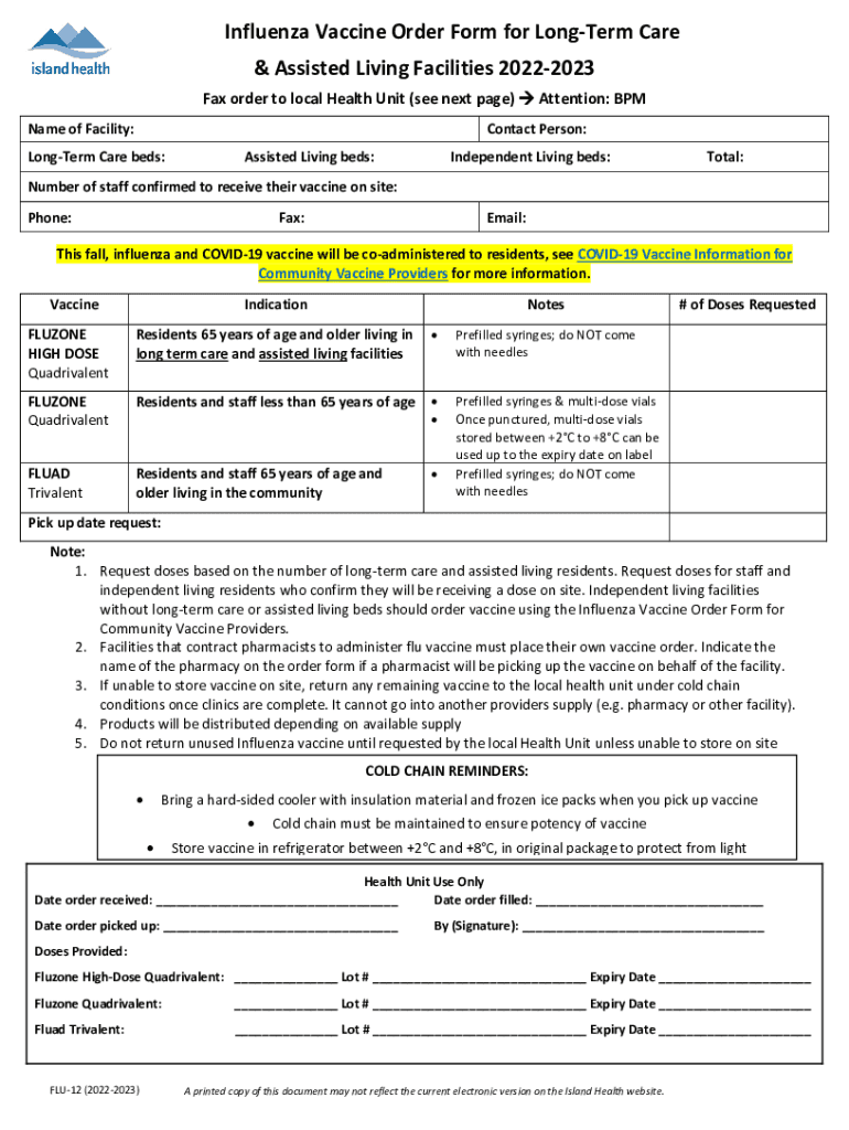 Fillable Online Influenza Vaccine Order Form for Facilities. Influenza ...