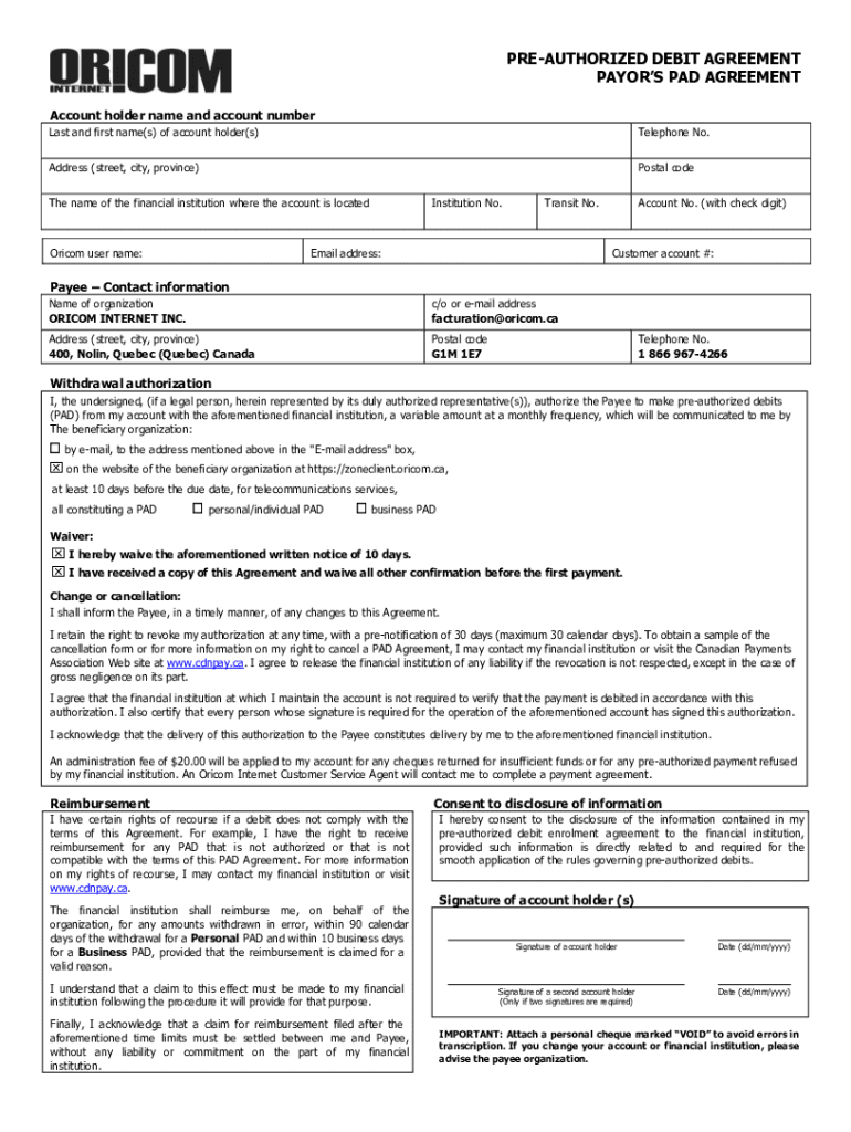 Fillable Online zoneclient oricom pre-authorized debit agreement payor ...