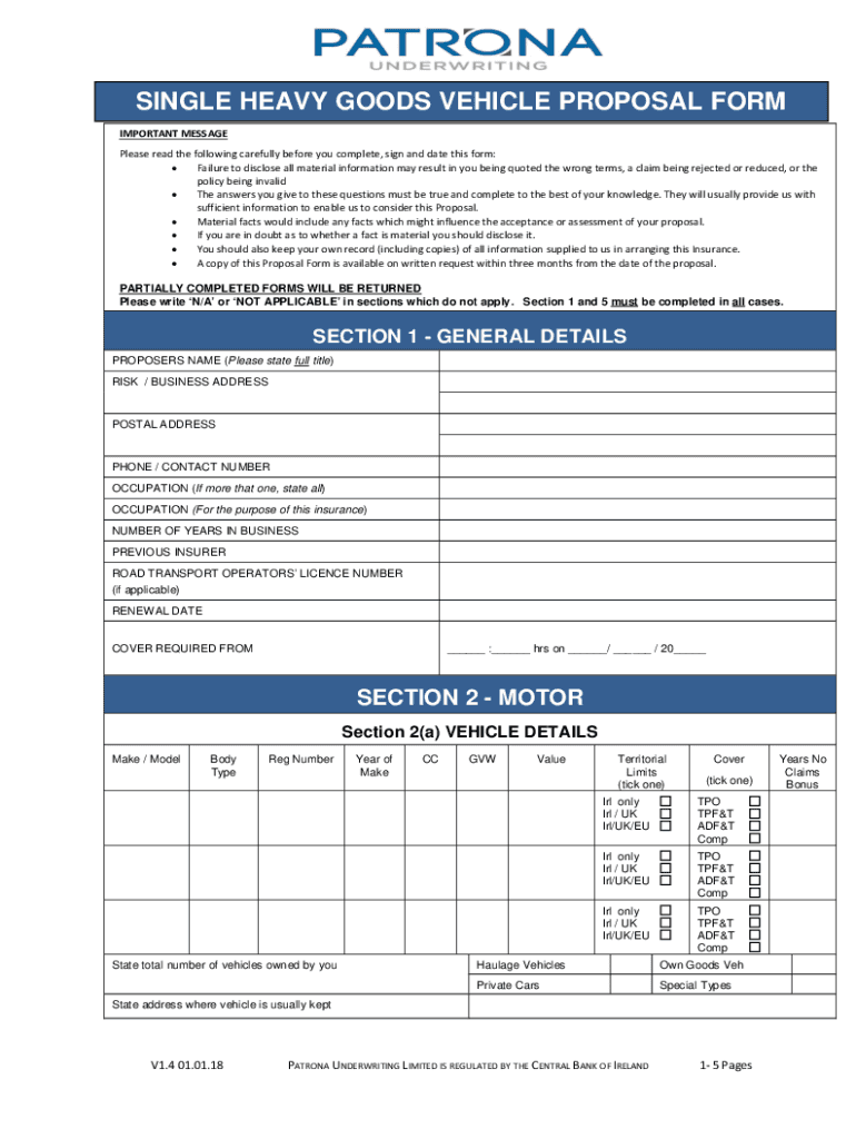 Fillable Online SINGLE HEAVY GOODS VEHICLE PROPOSAL FORM Fax Email ...