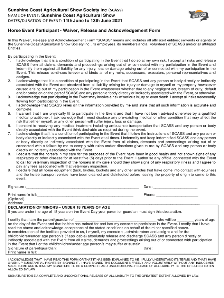 Fillable Online Waiver, Release and Acknowledgement Form Fax Email ...