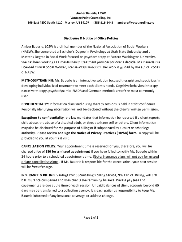 Fillable Online Disclosure & Notice of Office Policies Amber Bauerle ...