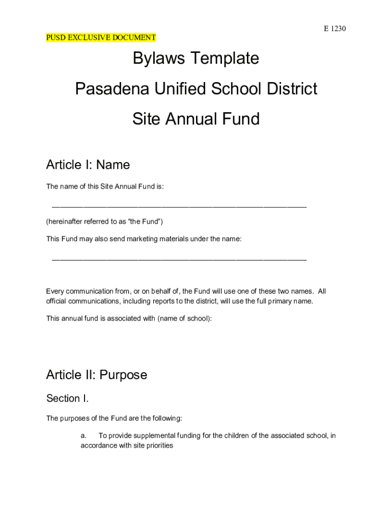 Fillable Online Bylaws Template Pasadena Unified School District Site ...