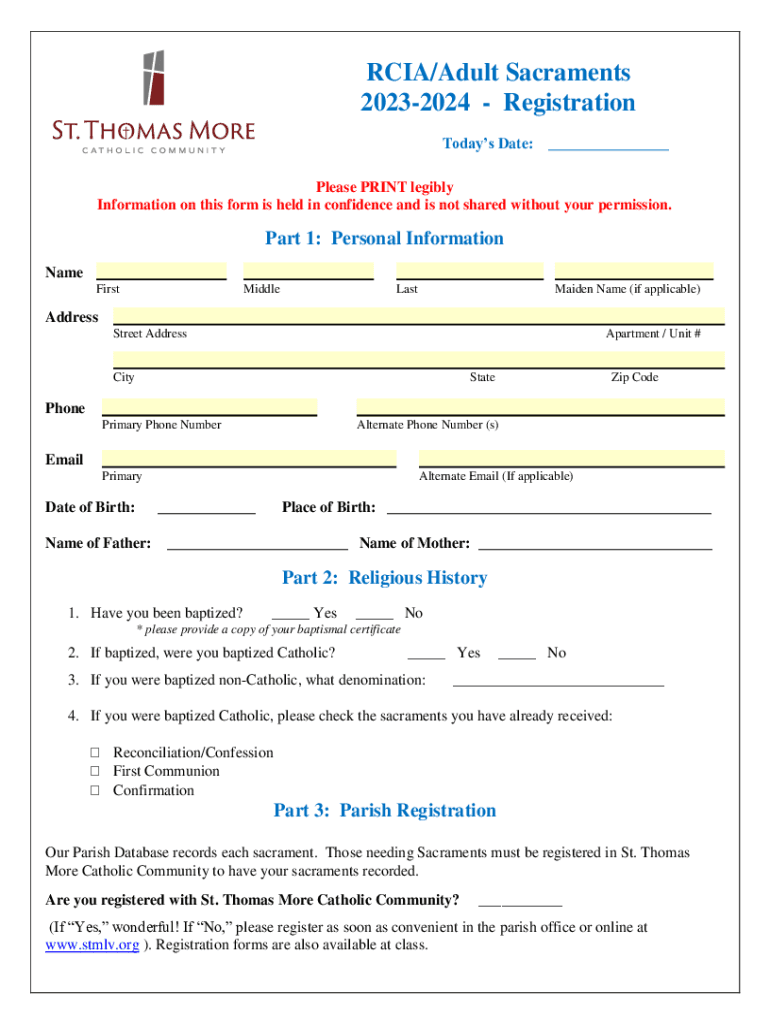 Fillable Online Rcia Registration Form - Fill Online, Printable ...