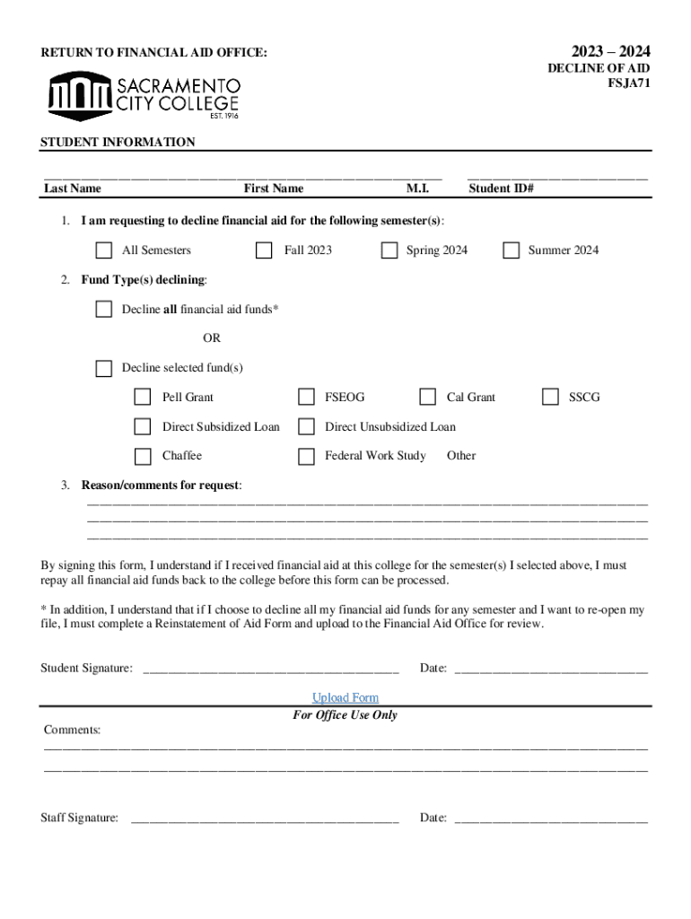 Fillable Online scc losrios Decline all financial aid funds* Fax Email ...