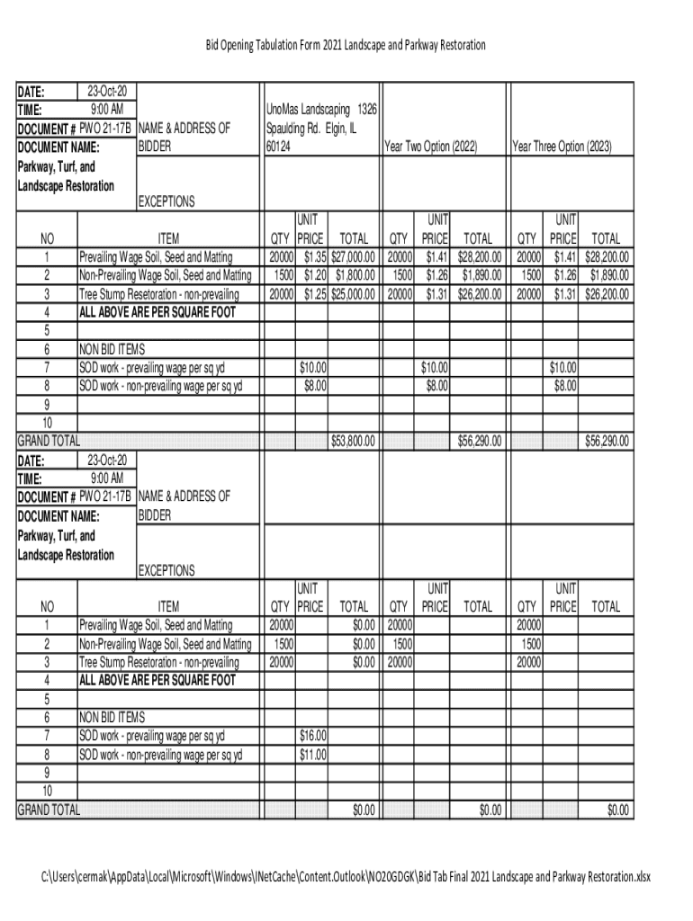 Fillable Online Bid Opening Tabulation Form 2021 Landscape and Parkway ...
