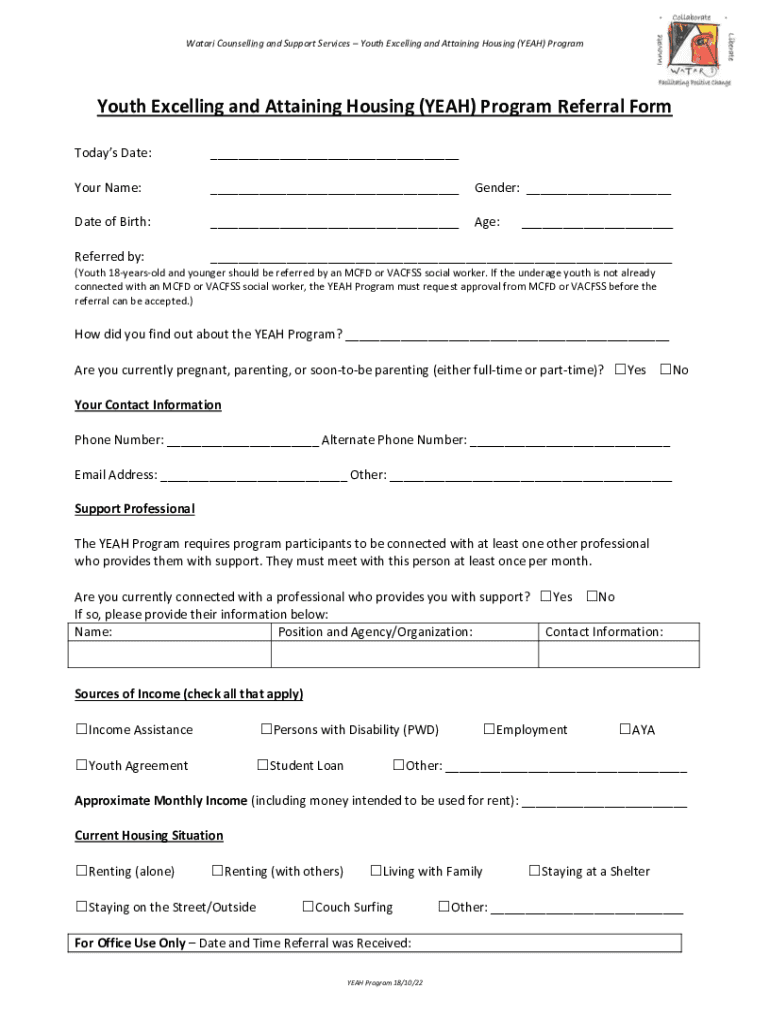 Fillable Online Youth Excelling and Attaining Housing (YEAH) Program ...