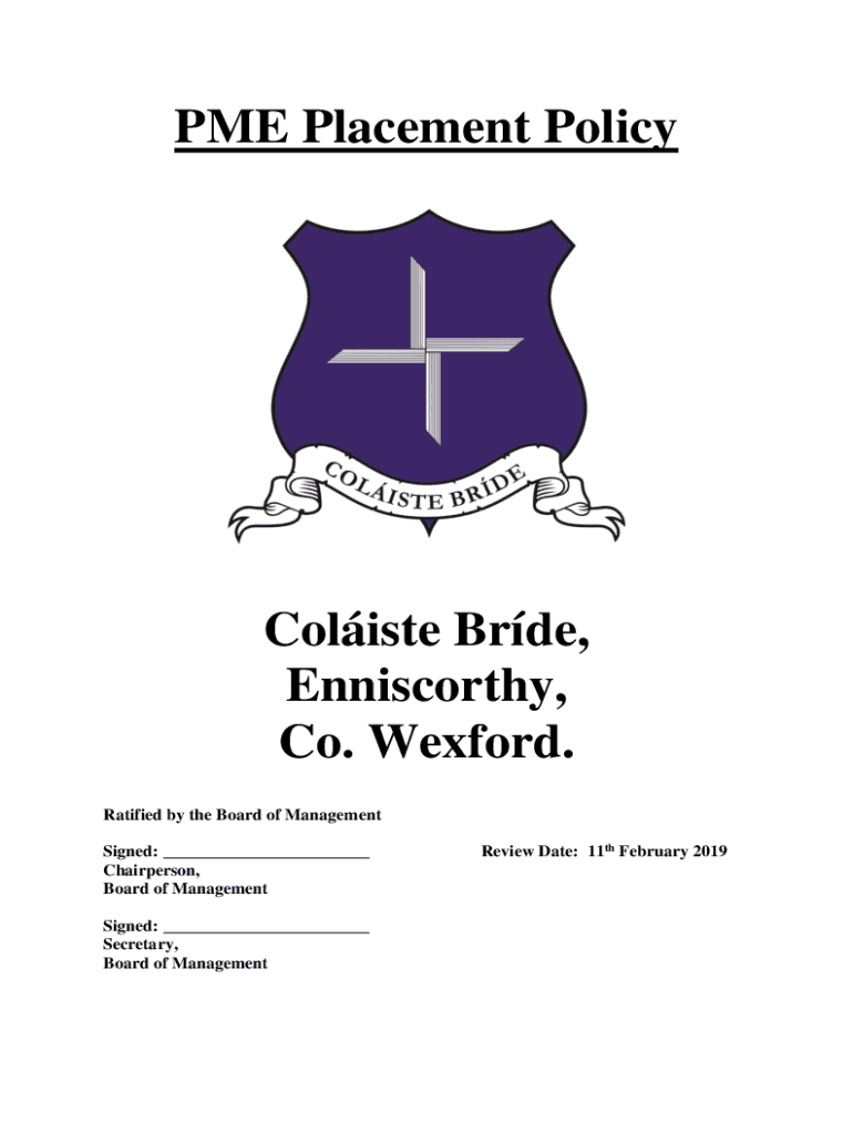 Fillable Online PME Placement Policy Coliste Brde, Enniscorthy, Co ...