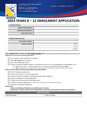 Fillable Online centenaryshs eq edu Application for enrolment for ...