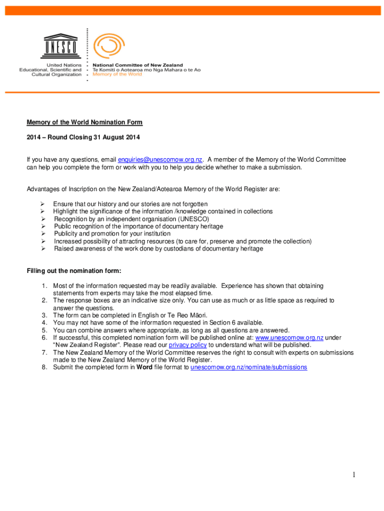 Fillable Online Canada Memory of the World Register Nomination Form Fax ...