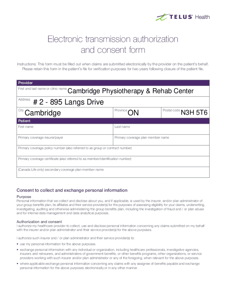 Fillable Online Electronic transmission authorization and consent form ...