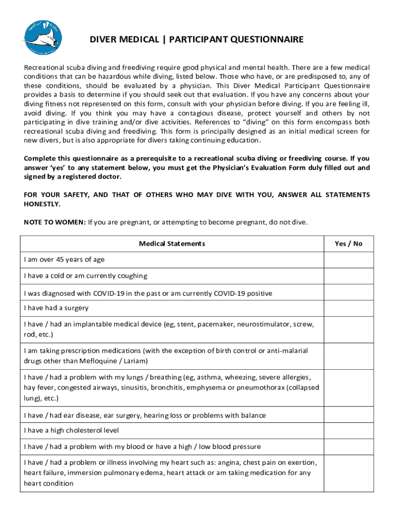 Fillable Online DAN Southern Africa - Medical Form - Divers Alert ...