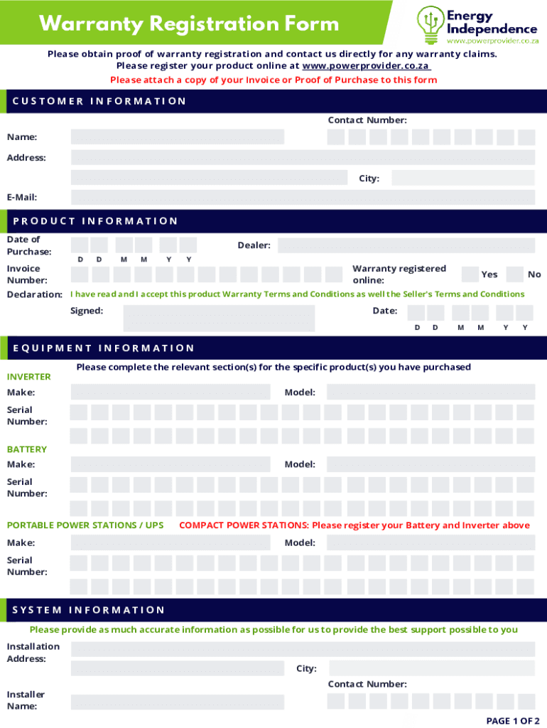 Fillable Online Energy Independence online warranty registration form ...