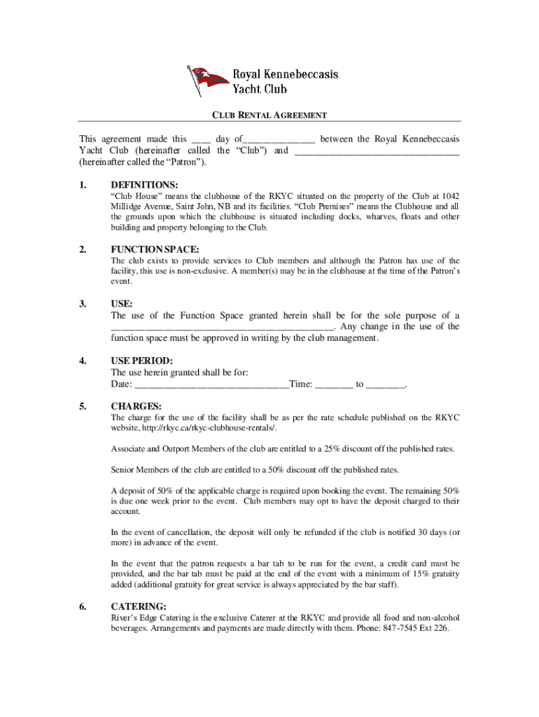 Fillable Online Club Rental Agreement - Saint John Fax Email Print ...