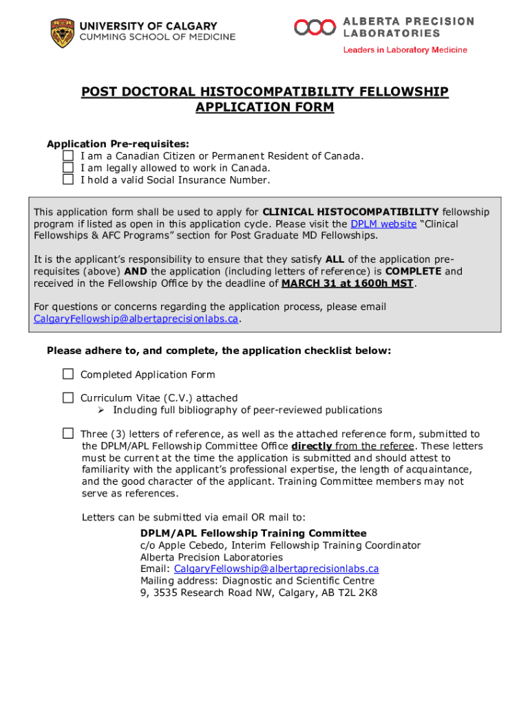 Fillable Online cumming ucalgary Post Doctoral Histocompatibility ...