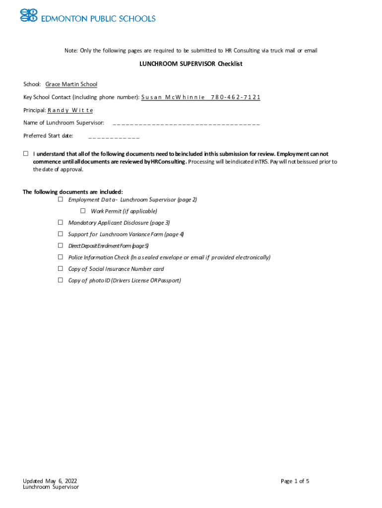 Fillable Online LUNCHROOM SUPERVISOR Checklist - Grace Martin School ...