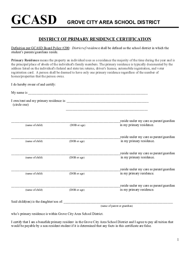 Fillable Online District of Primary Residence Certification UPDATED ...