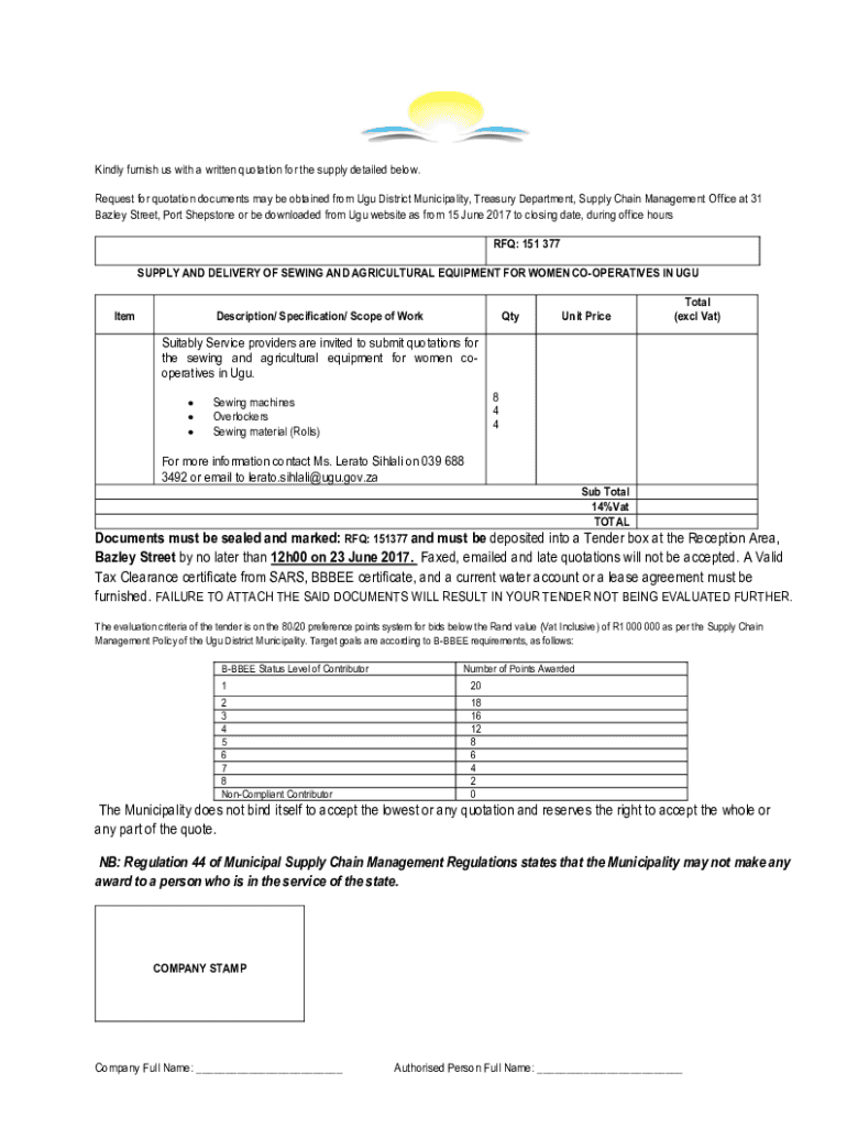 Fillable Online ugu gov Fillable Online ugu gov REQ011170 - Ugu District Municipality ... Fax ...
