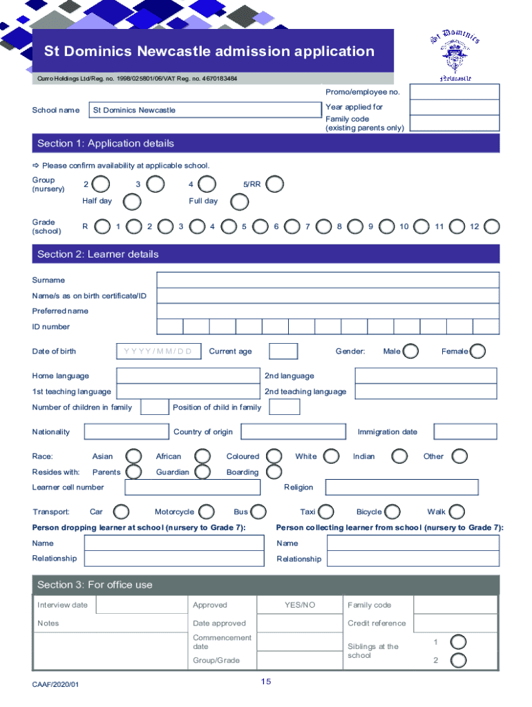 Fillable Online ST DOMINIC'S APPLICATION FOR ADMISSION Fax Email Print ...