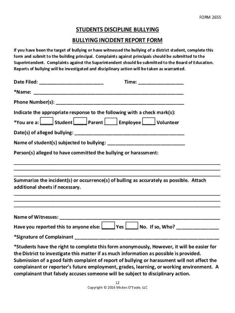 Fillable Online Bullying Prevention / Complaint Form Fax Email Print ...