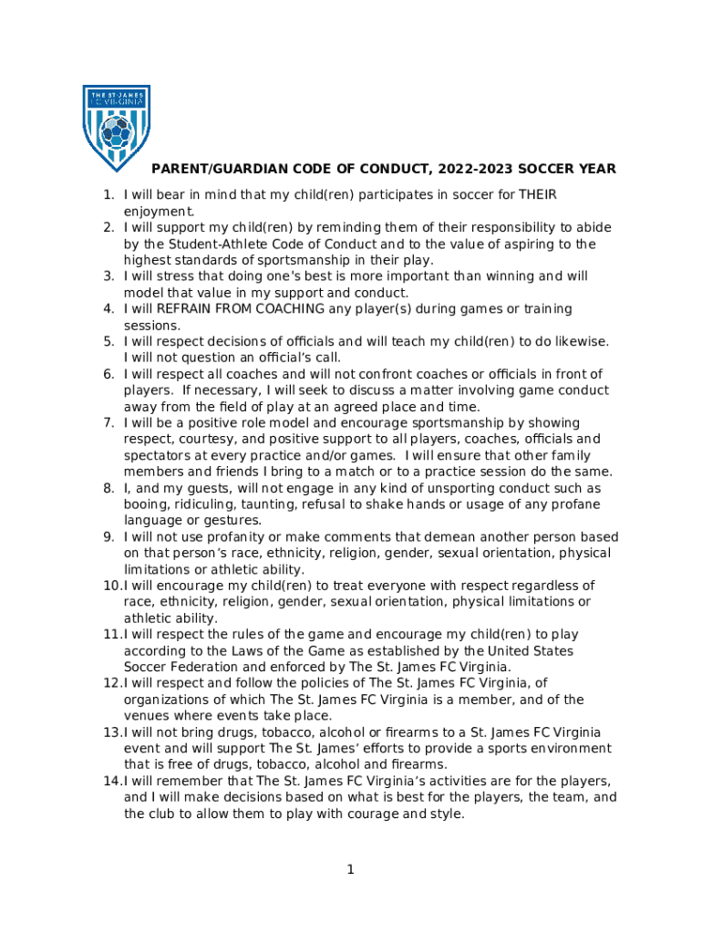 PARENT/GUARDIAN CODE OF CONDUCT, 2022-2023 SOCCER YEAR Doc Template ...