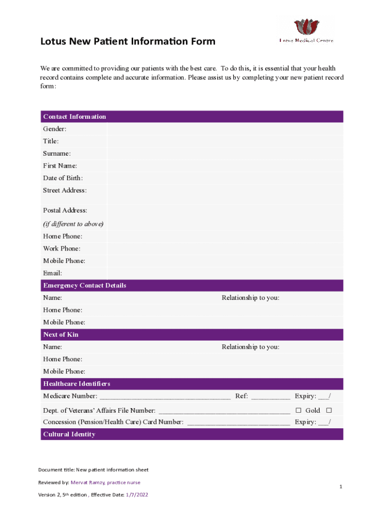 Fillable Online Lotus New Pa-ent Informa-on Form Fax Email Print - pdfFiller