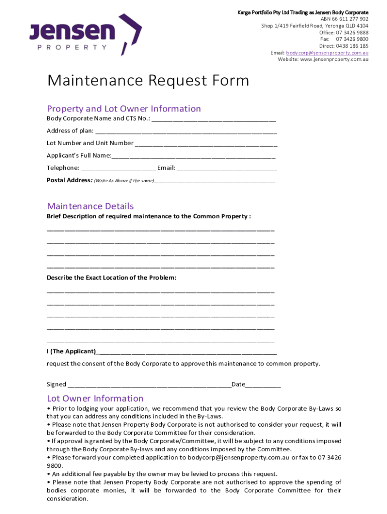 Fillable Online Maintenance Request Form Jensen Property Fax Email ...