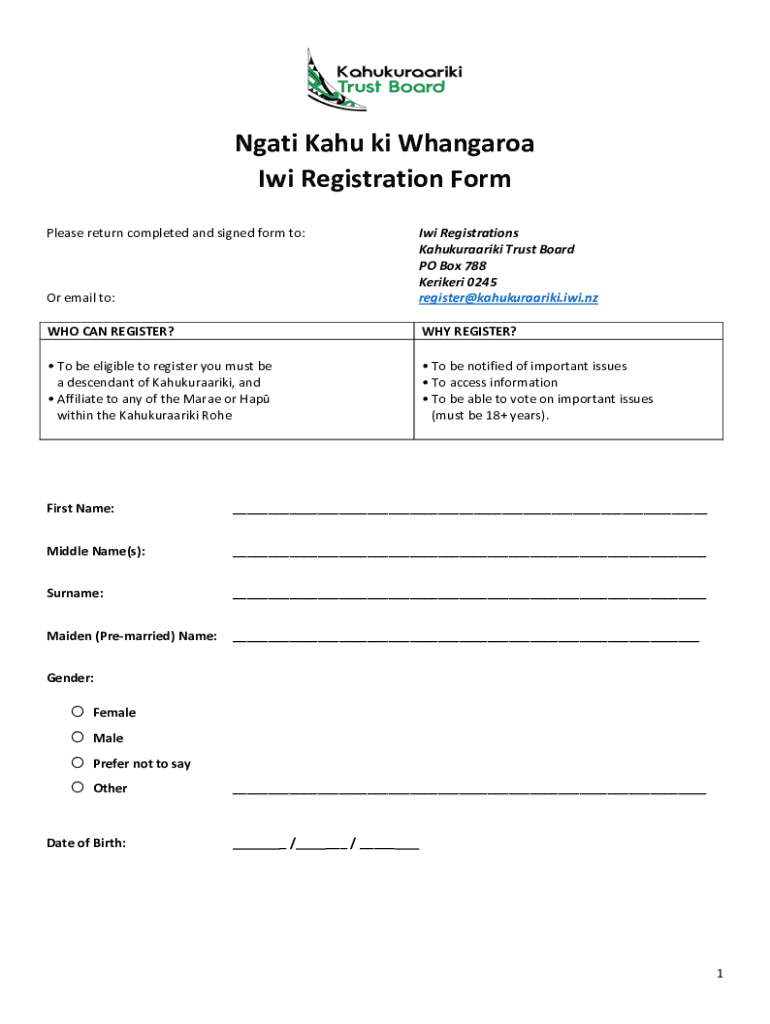 Fillable Online Ngati Kahu ki Whangaroa Iwi Registration Form Fax Email ...