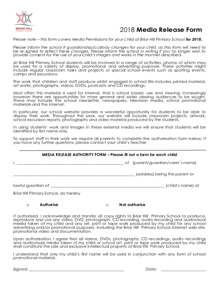 Fillable Online 2018 Media Release Form - Briar Hill Primary School Fax ...
