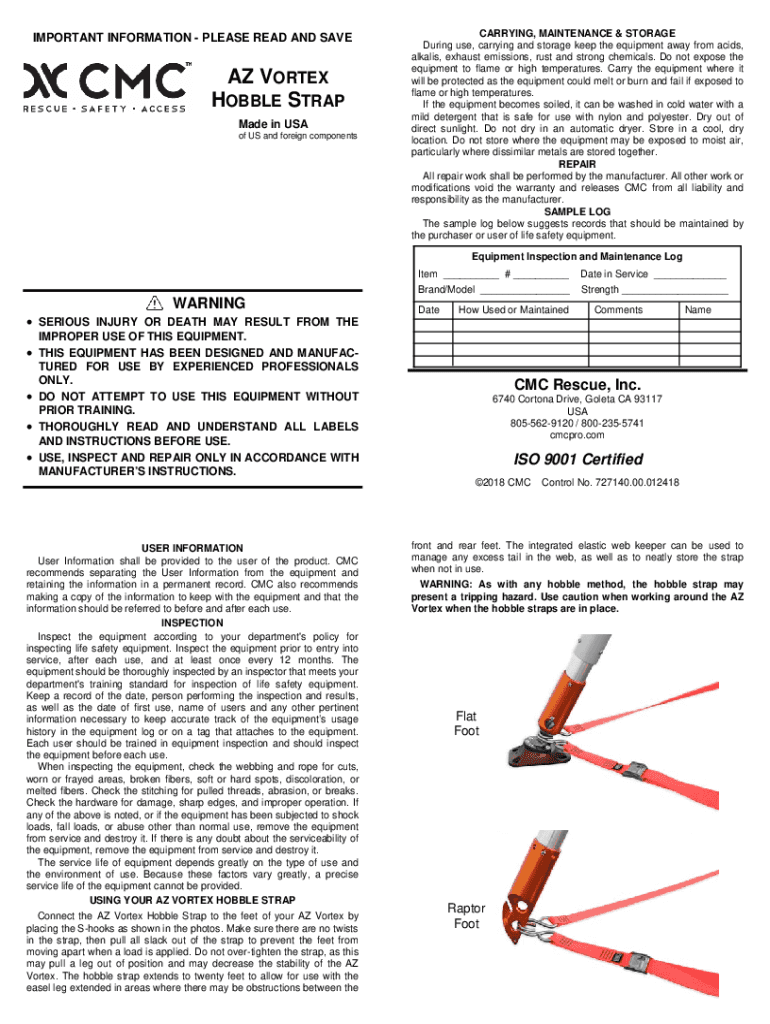 Fillable Online Arizona Vortex Hobble Strap - Safety Access & Rescue Fax Email Print - pdfFiller