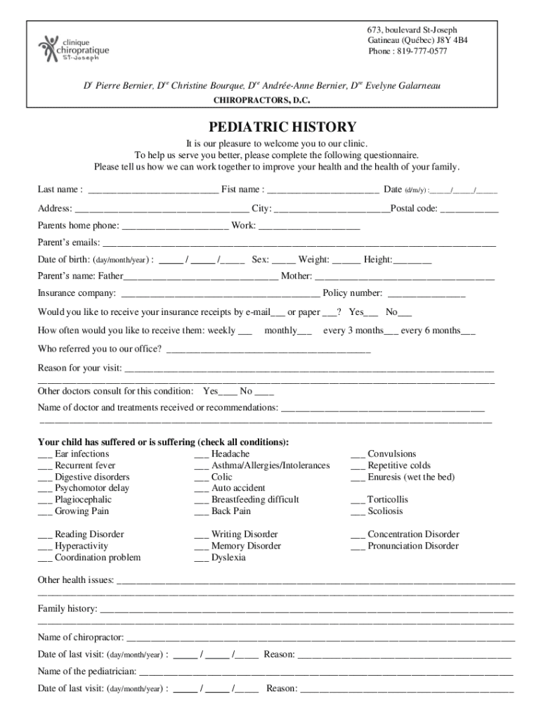 Fillable Online PEDIATRIC HISTORY Fax Email Print - pdfFiller