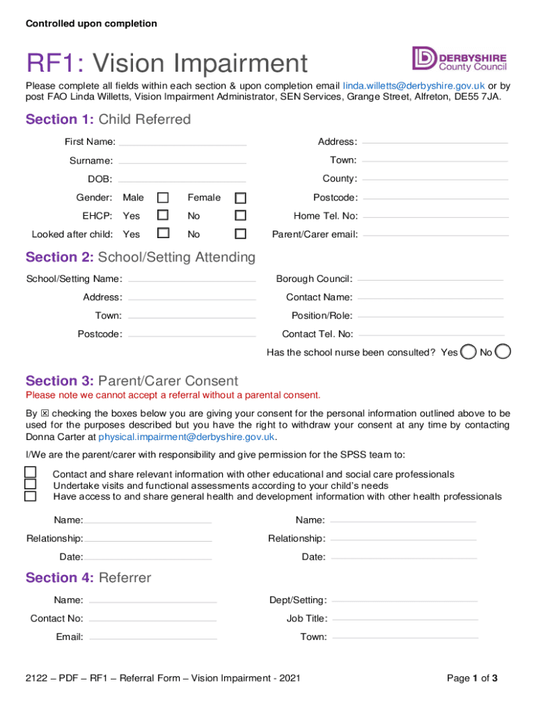 Fillable Online RF1 Vision Impairment Referral Form. Derbyshire County Council RF1 Vision ...