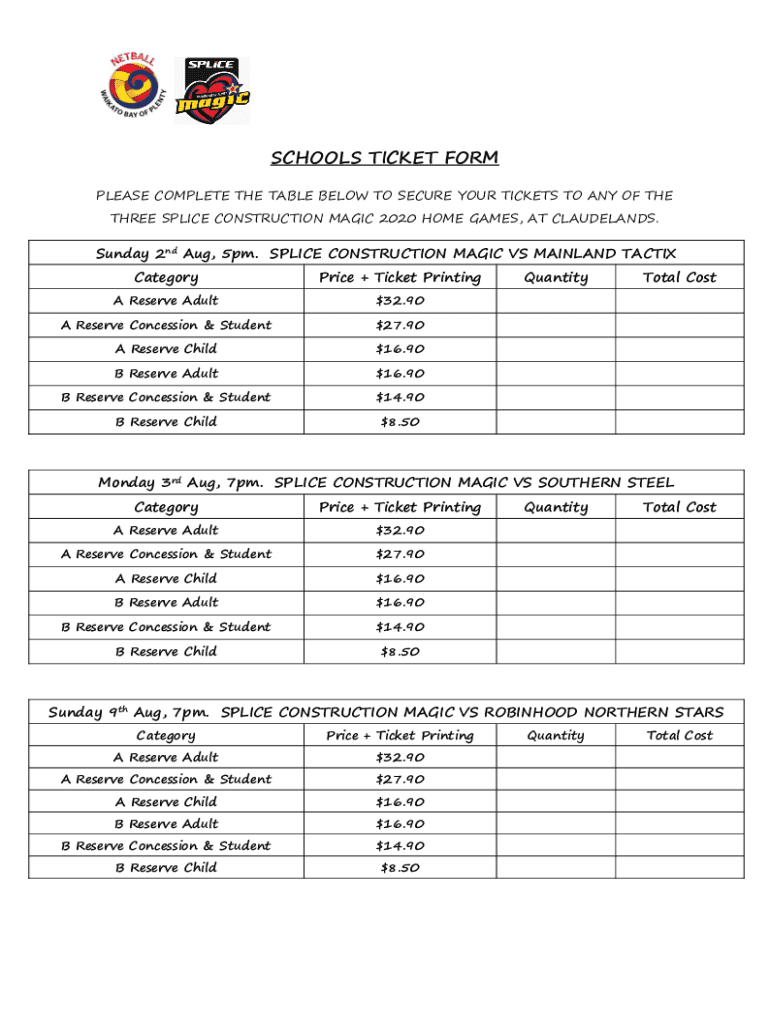 Fillable Online SCHOOLS TICKET FORM Fax Email Print - pdfFiller