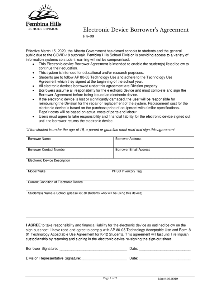 Fillable Online Electronic Device Borrower's Agreement Fax Email Print ...