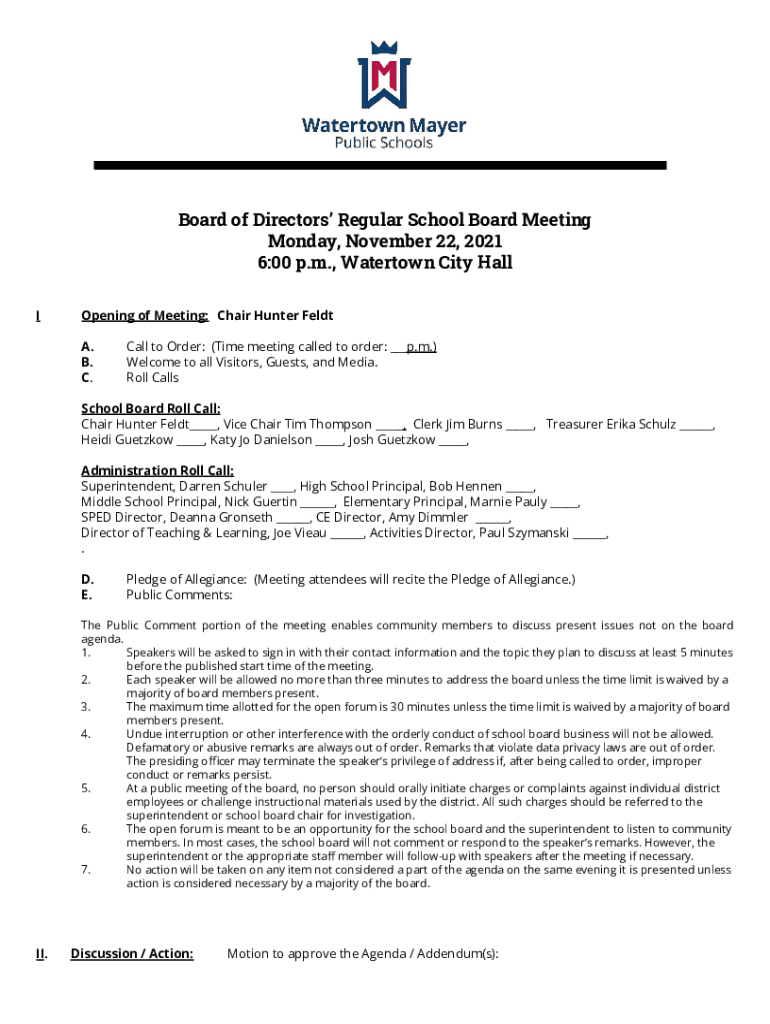 Fillable Online Chair Hunter Feldt, Vice Chair Tim Thompson , Clerk Jim ...