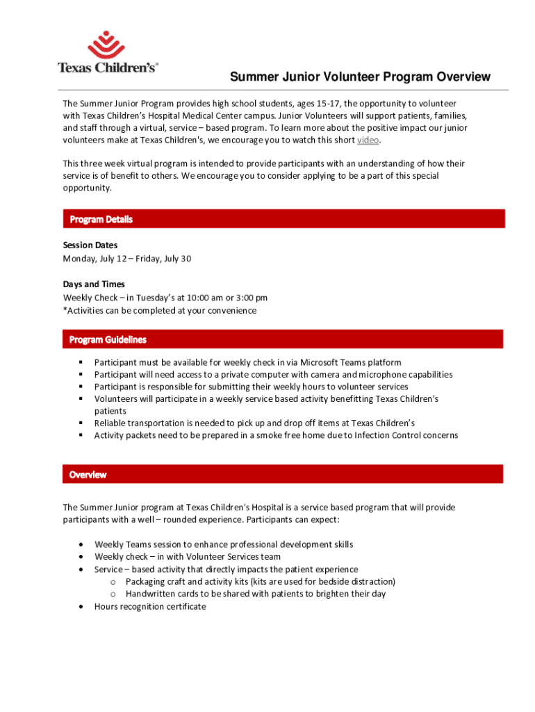 Fillable Online Summer Junior Volunteer Program ... - Texas Children's ...