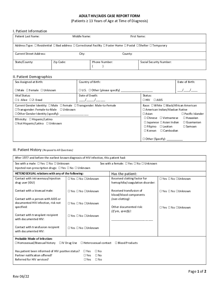 Fillable Online ADULT HIV/AIDS CASE REPORT FORM (Patients 13 Years of ...