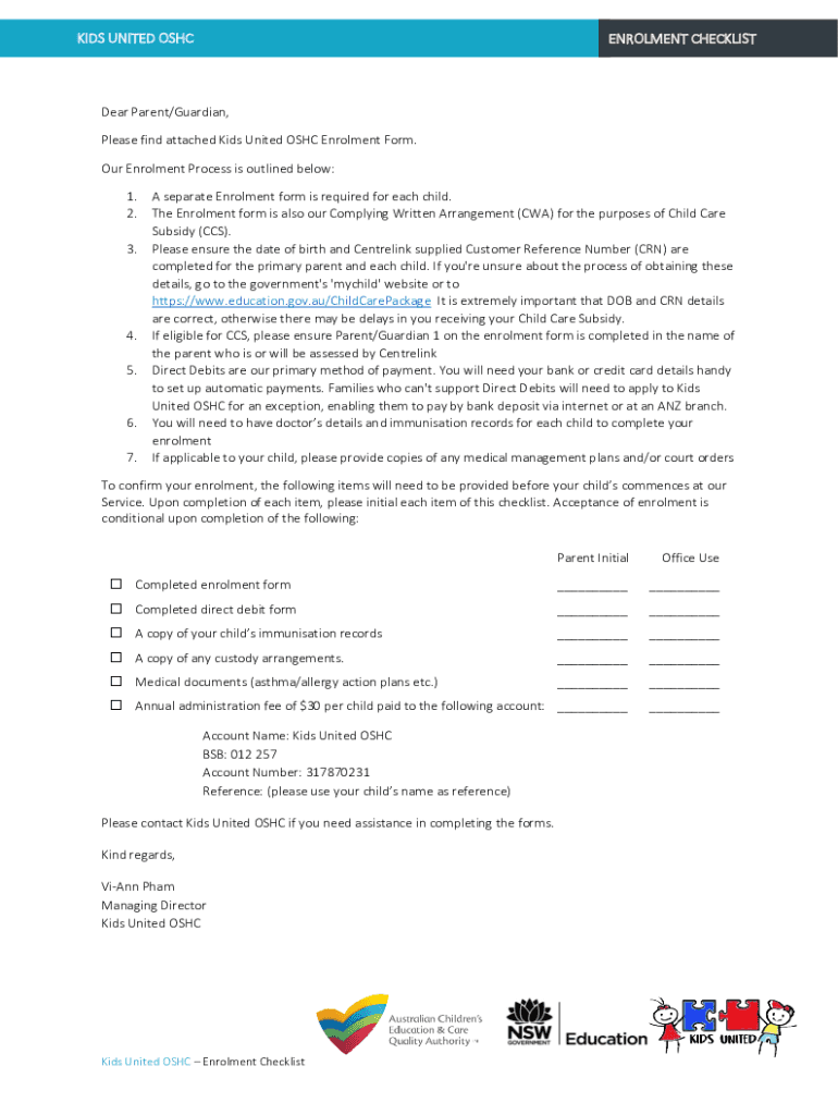 Fillable Online ENROLMENT CHECKLIST KIDS UNITED OSHC Fax Email Print ...