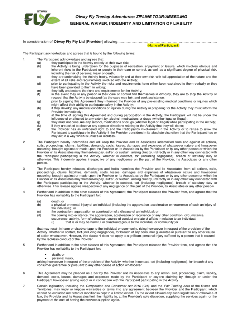 Fillable Online GENERAL WAIVER, INDEMNITY AND LIMITATION OF ... Fax ...