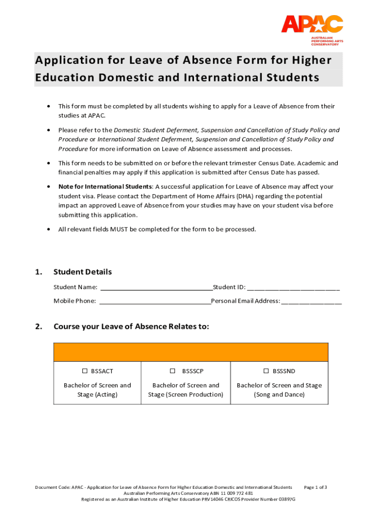 Fillable Online Application for Leave of Absence Form for Higher ...