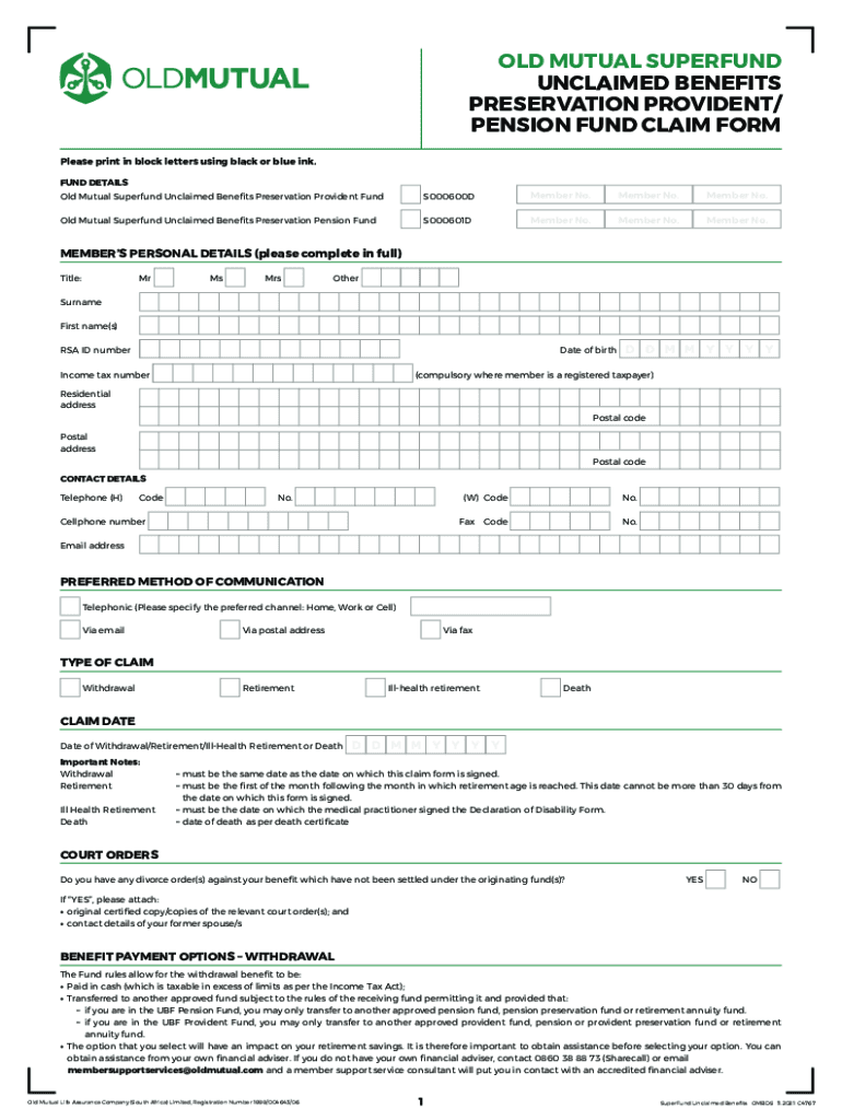 Fillable Online unclaimed benefits preservation provident/ pension fund ...