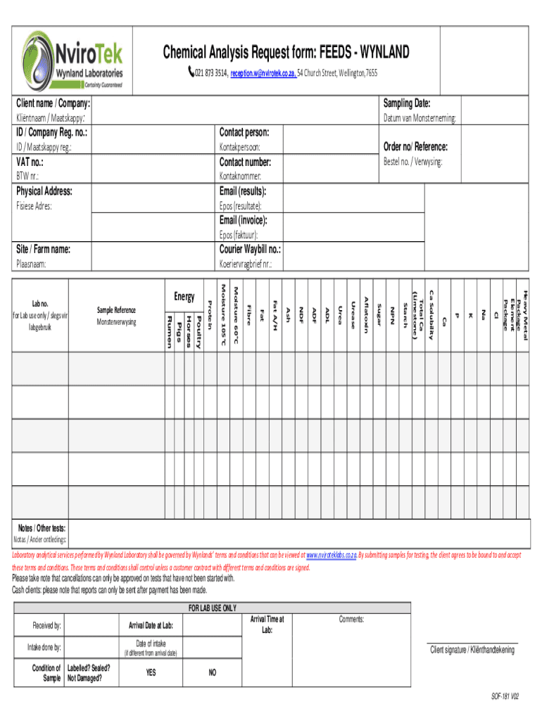 Fillable Online Chemical Analysis Request form: FEEDS - WYNLAND Fax ...