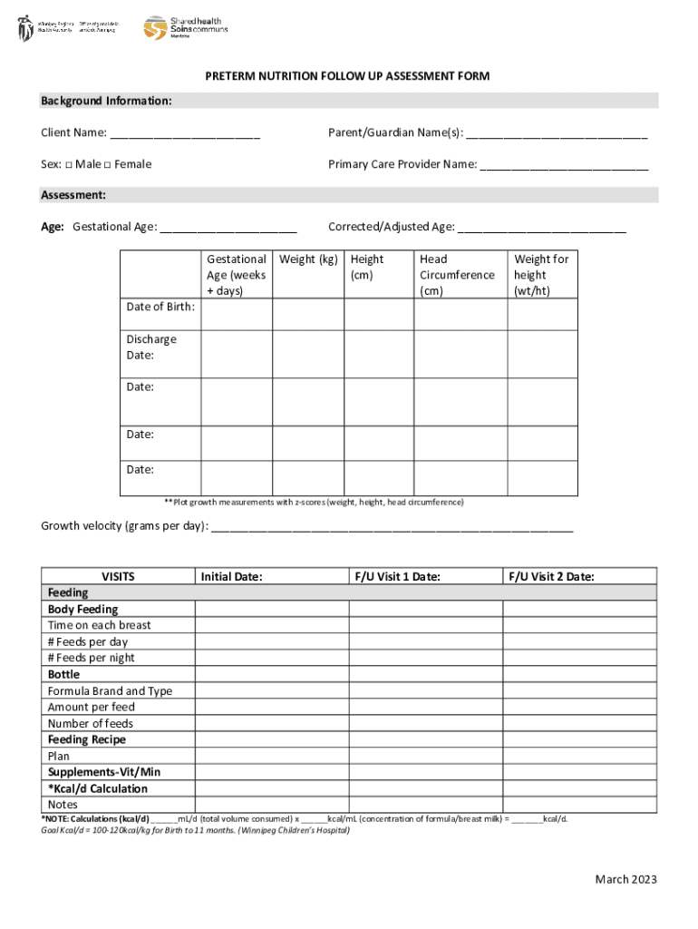 Fillable Online preterm nutrition follow up assessment form Fax Email ...