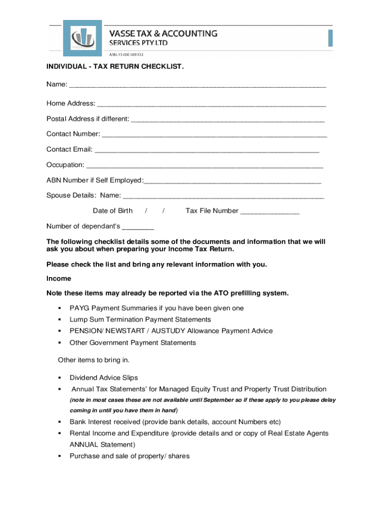 Fillable Online Tax Return Checklist Fax Email Print - pdfFiller