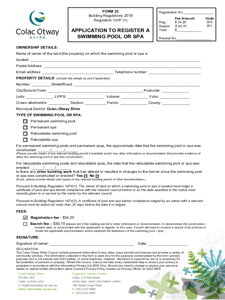 Fillable Online Application for Registration of Swimming Pool or Spa ...