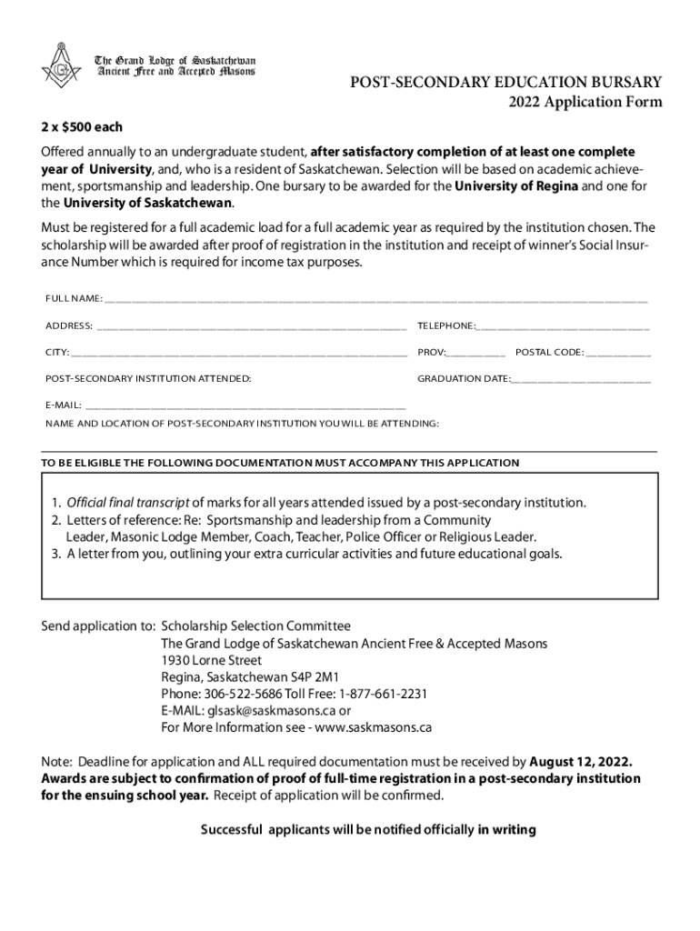 Fillable Online Masonic Youth Bursary 2022 Application Form Fax Email ...