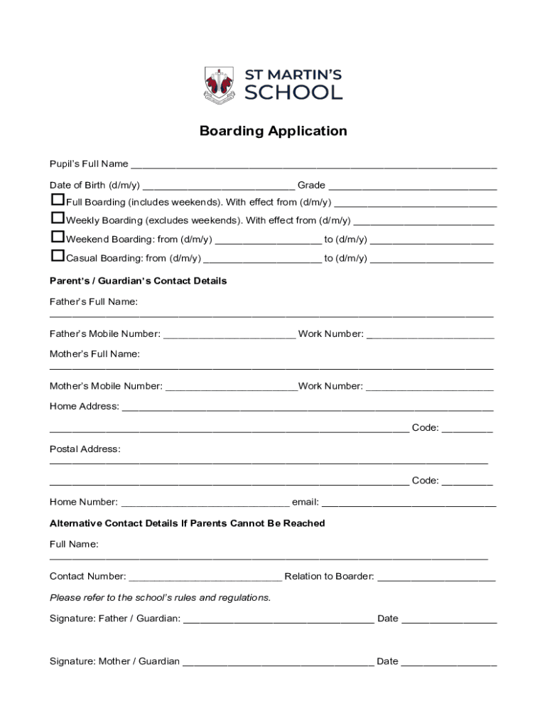 Fillable Online Boarding application form - St Martin's School Fax ...