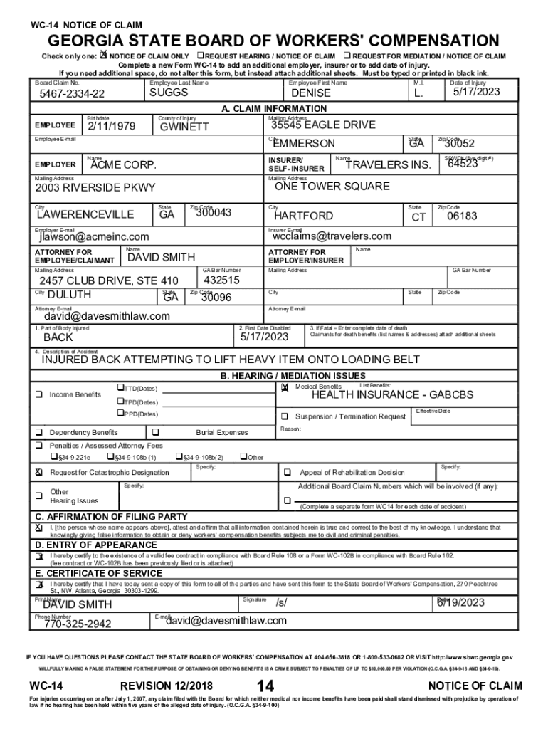 Fillable Online WC-14: Notice of Claim - State Board of Workers' Compensation Fax Email Print ...