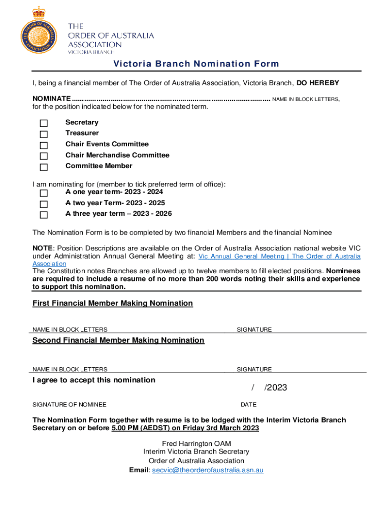 Fillable Online Nomination Form - Order of Australia Association Fax ...
