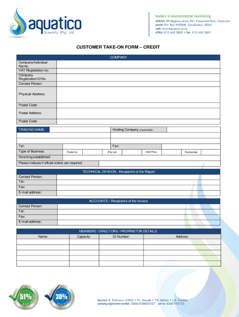 Fillable Online CUSTOMER TAKE-ON FORM CREDIT - Aquatico Fax Email Print - pdfFiller