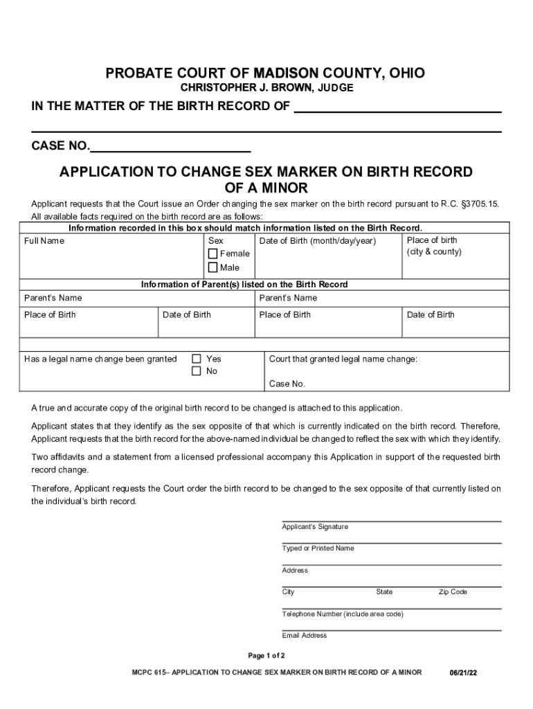 Fillable Online Correcting the Gender Marker on an Ohio Birth ...
